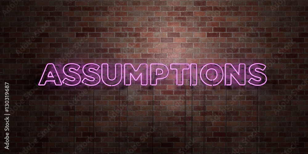 ASSUMPTIONS - fluorescent Neon tube Sign on brickwork - Front view - 3D ...