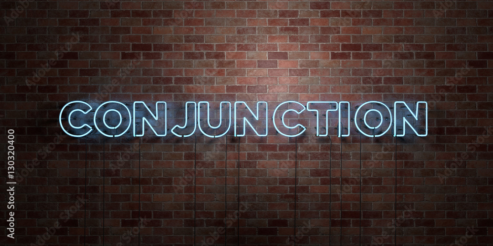 CONJUNCTION - fluorescent Neon tube Sign on brickwork - Front view - 3D ...