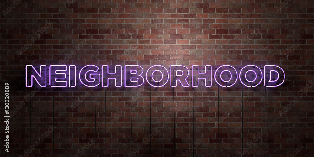 NEIGHBORHOOD - fluorescent Neon tube Sign on brickwork - Front view ...