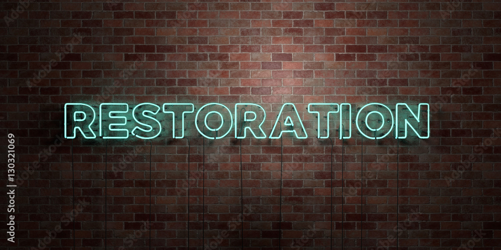 RESTORATION - fluorescent Neon tube Sign on brickwork - Front view - 3D ...