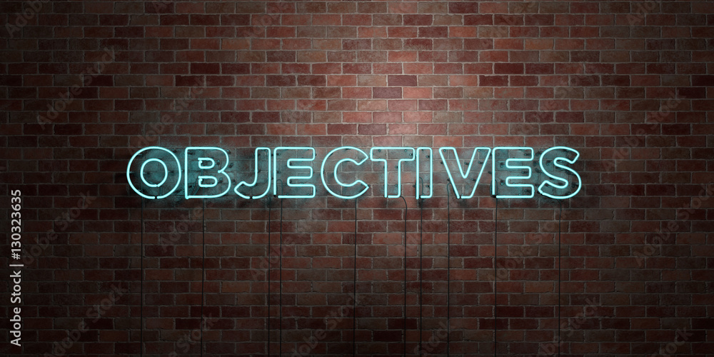 OBJECTIVES - fluorescent Neon tube Sign on brickwork - Front view - 3D ...