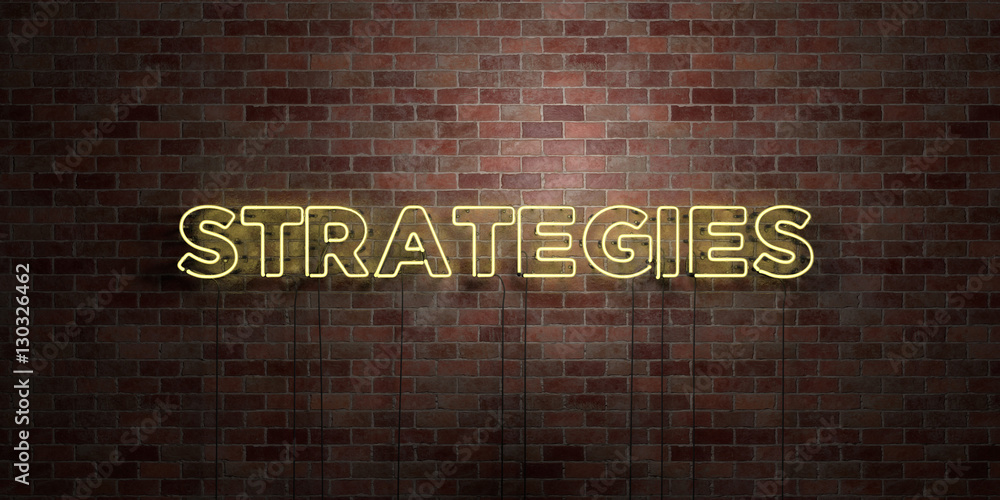 STRATEGIES - fluorescent Neon tube Sign on brickwork - Front view - 3D ...