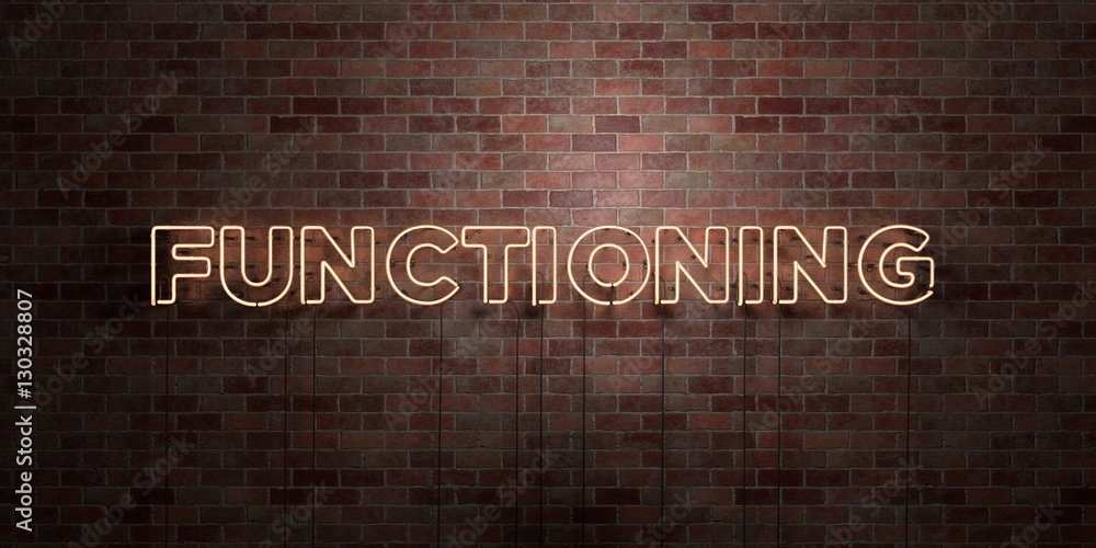 FUNCTIONING - fluorescent Neon tube Sign on brickwork - Front view - 3D ...