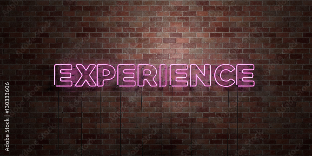 EXPERIENCE - fluorescent Neon tube Sign on brickwork - Front view - 3D ...