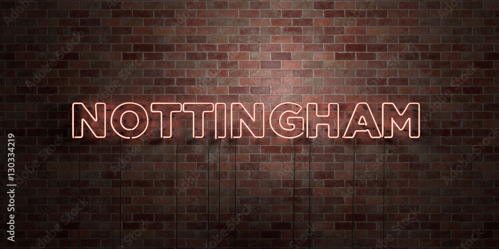 NOTTINGHAM - fluorescent Neon tube Sign on brickwork - Front view - 3D ...