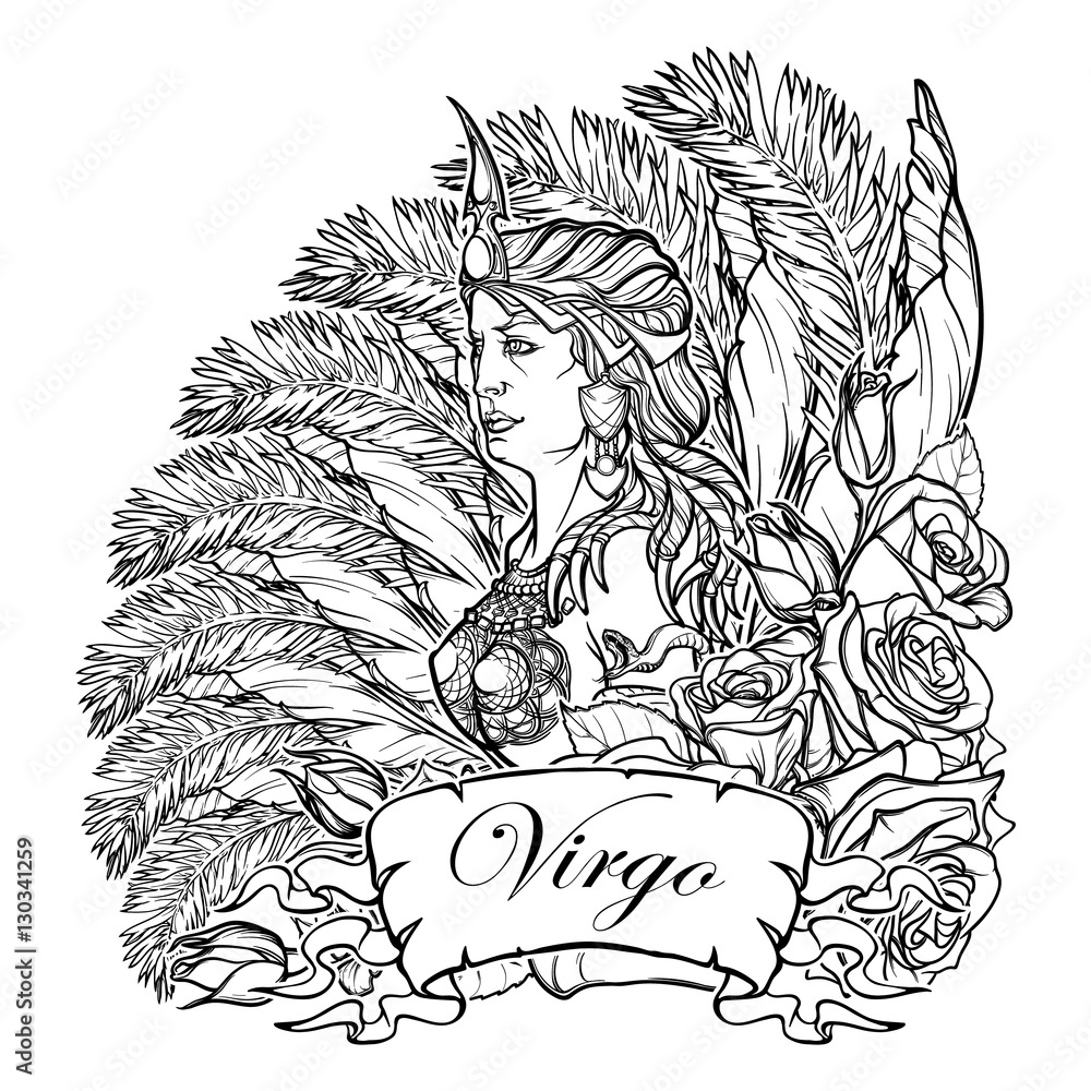 Beautiful woman with a decorative flower frame. Zodiac Art Nouveau ...