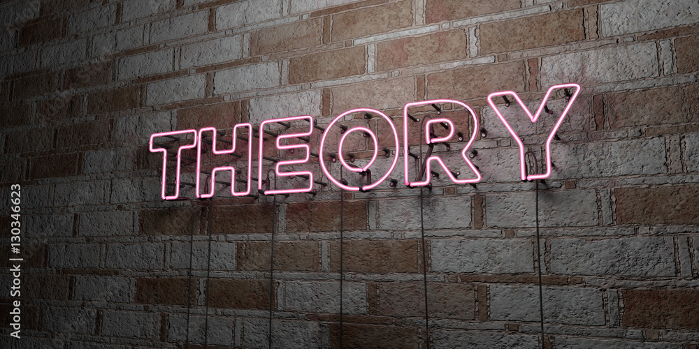 THEORY - Glowing Neon Sign on stonework wall - 3D rendered royalty free ...