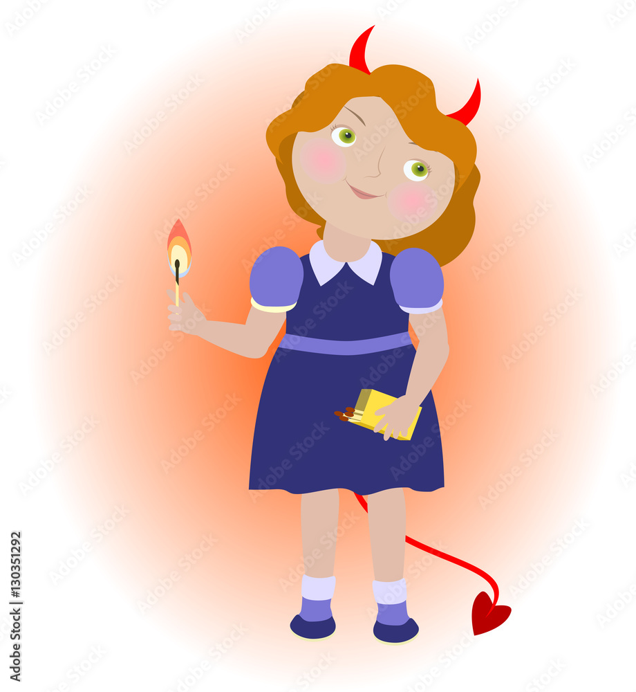 Cartoon devil girl with matches. Objects grouped and named in En Stock ...