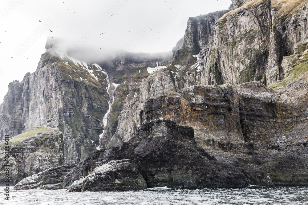 Steep cliffs filled with nesting birds on the south side of Bjornoya ...