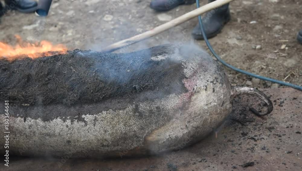 Slaughter burn the pig hair off with a gas burner before butchering ...
