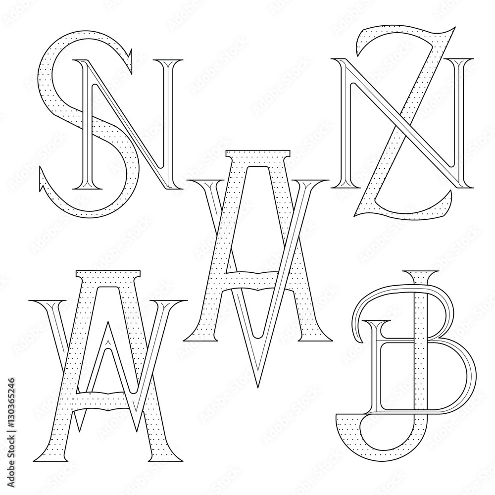 Set of elegant monograms with two letters. SN ZN AV AW JB. Monogram ...