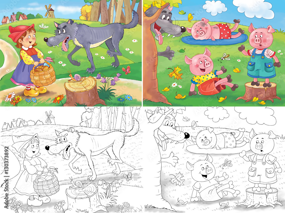 Fairy tale. Coloring page. Little Red Riding Hood. The three little ...