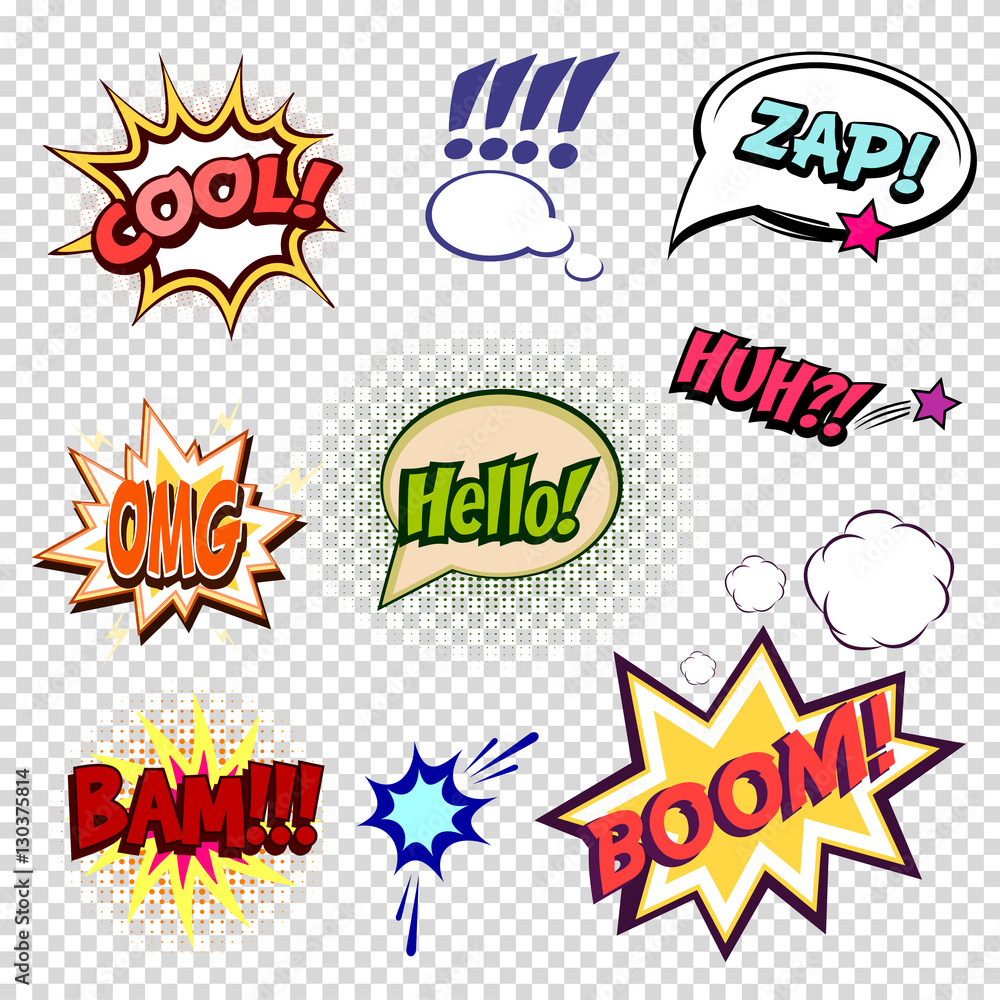 Collection of nine multicolored comic sound Effects a transparent ...