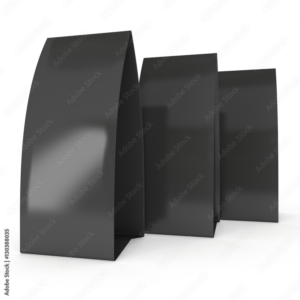 Three black paper tent cards. 3d render illustration isolated. Table ...