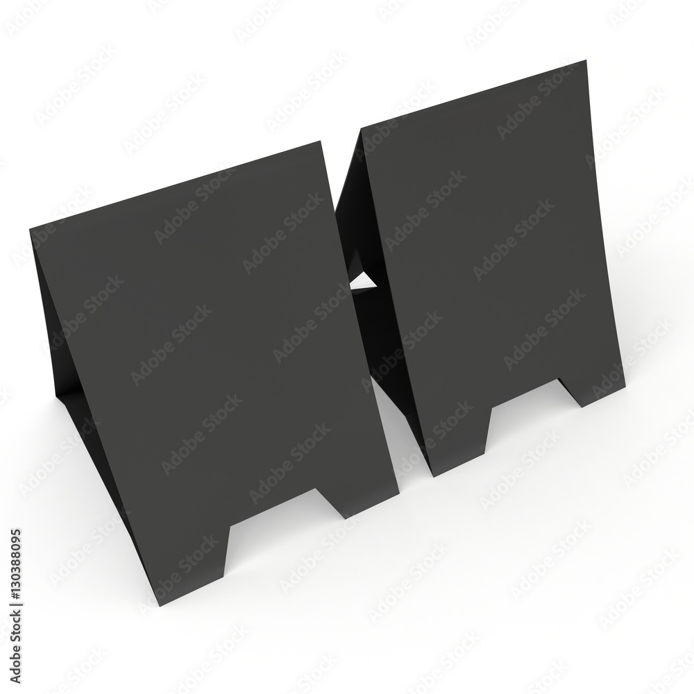 Two black paper tent cards. 3d render illustration isolated. Table ...
