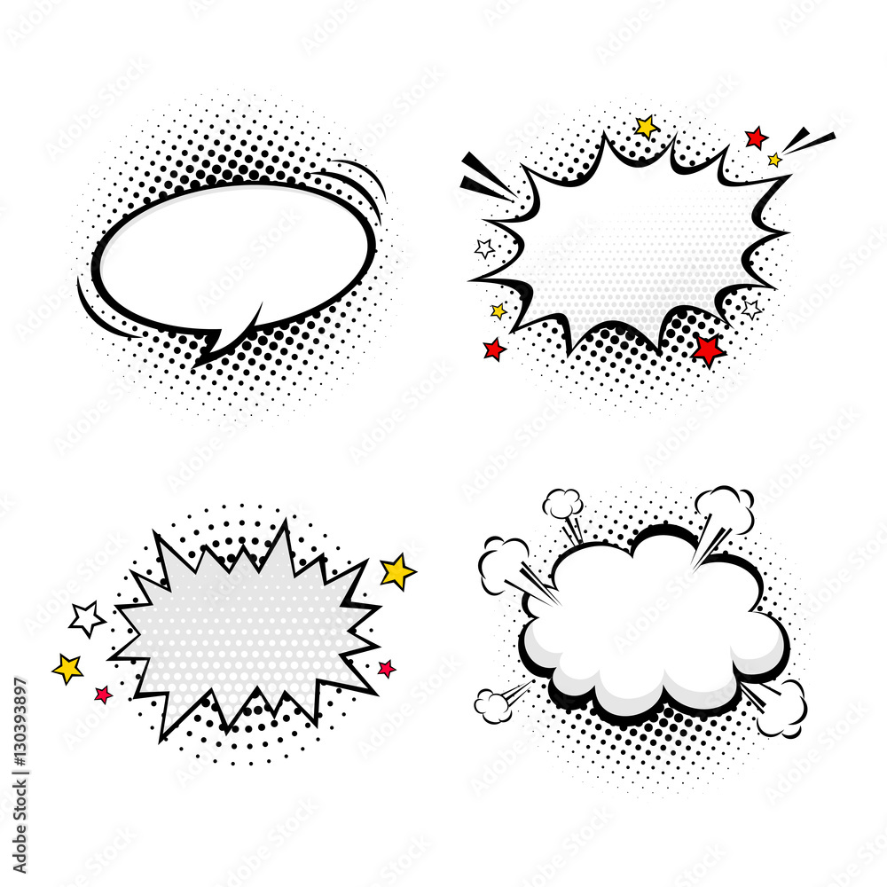 Comic empty speech bubbles on halftone dots background in retro pop art ...