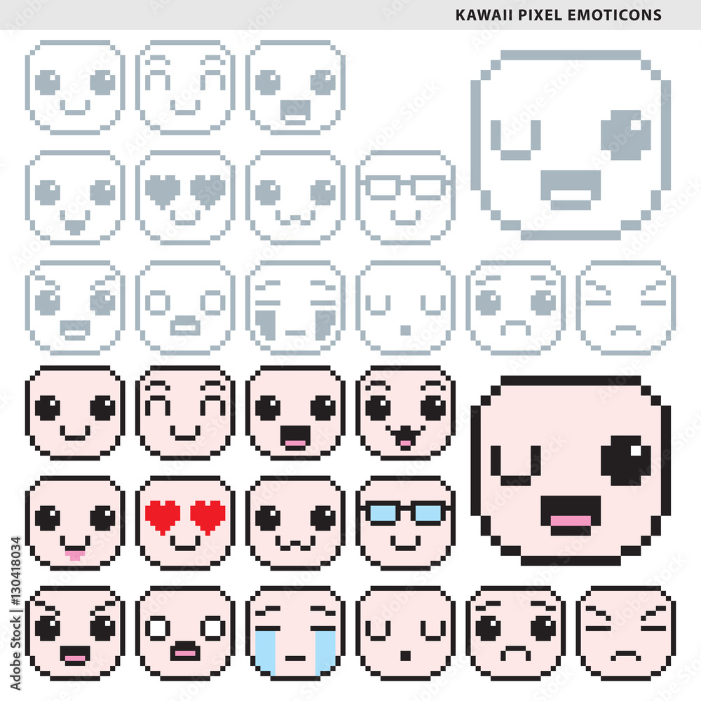 Kawaii Pixel Emoticons Stock Vector | Adobe Stock