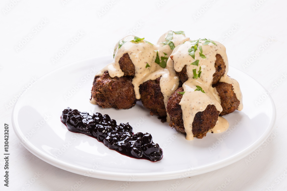 swedish meatballs with blueberry jam Stock-Foto | Adobe Stock