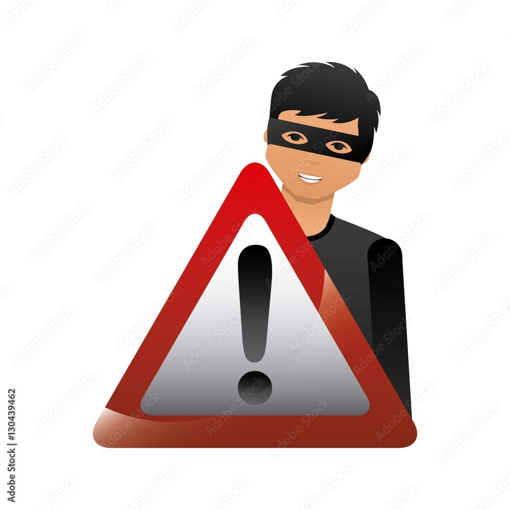 cartoon hacker man with warning sign icon over white background. cyber ...