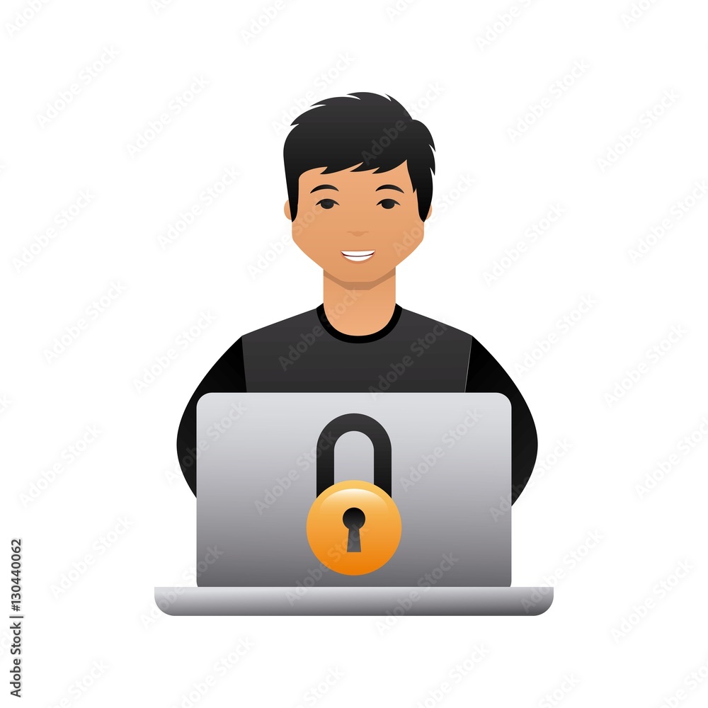 cartoon hacker man with laptop computer and padlock icon over white ...