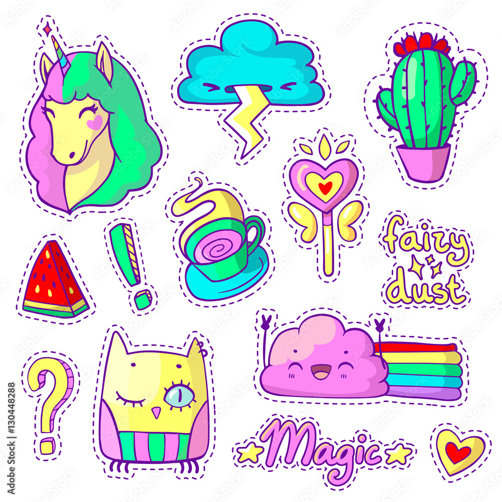 Cool stickers set in pop art comic style. Neon patch badges and pins ...