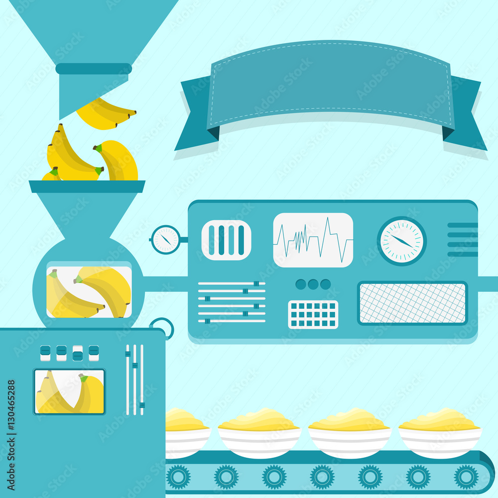 Vector illustration of factory producing banana cream. Banana cream ...