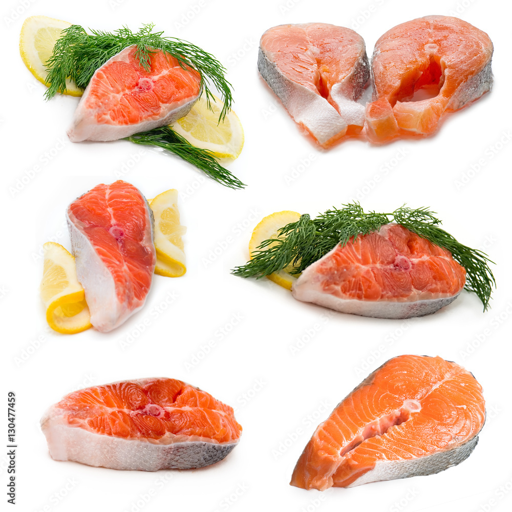 Collage Salmon fish isolated on white background Stock Photo | Adobe Stock