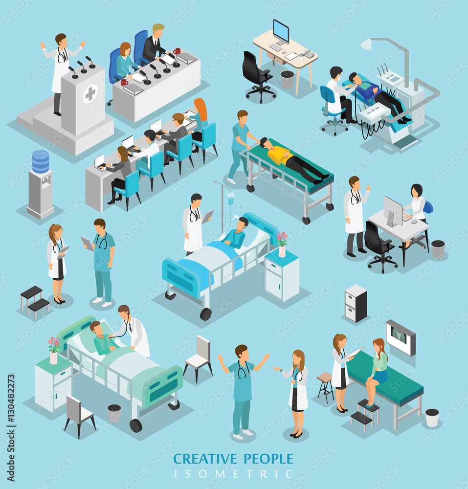 isometric people character on hospital include doctor, nurse, ma Stock ...