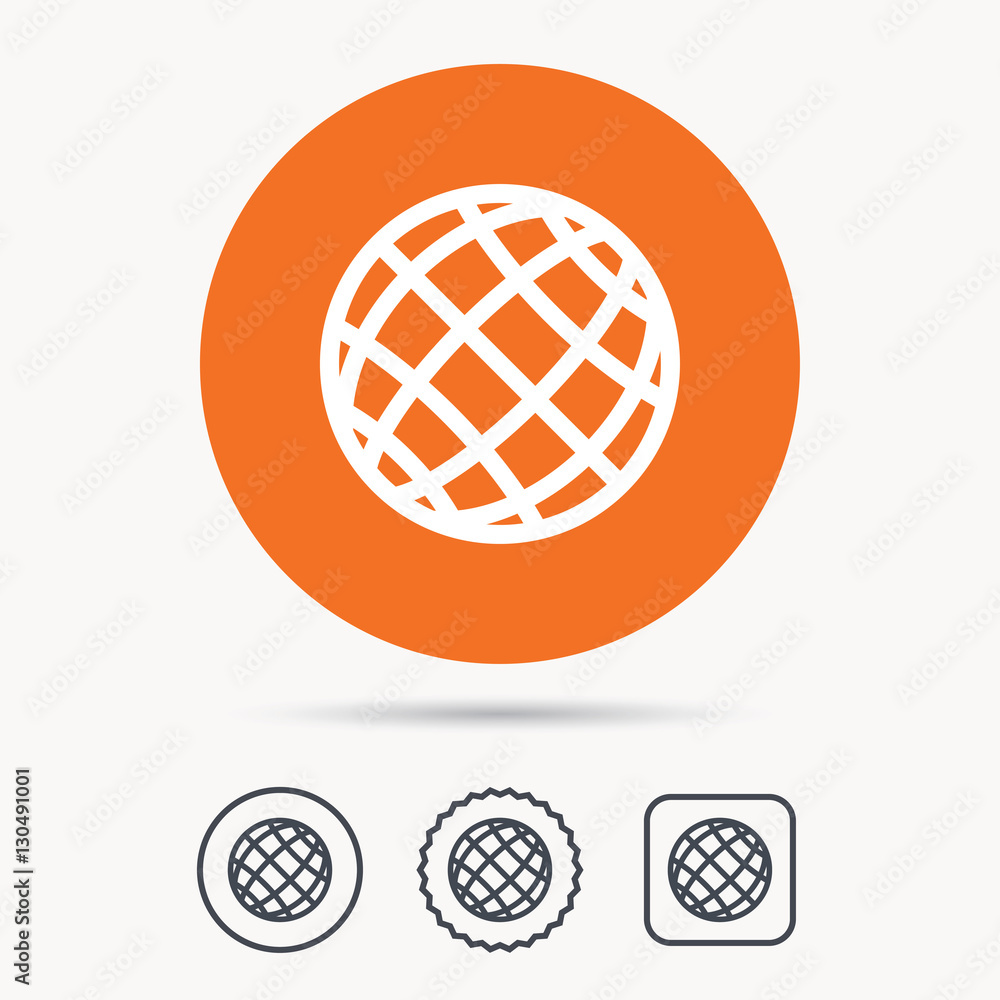 Globe icon. World or internet symbol. Orange circle button with web ...