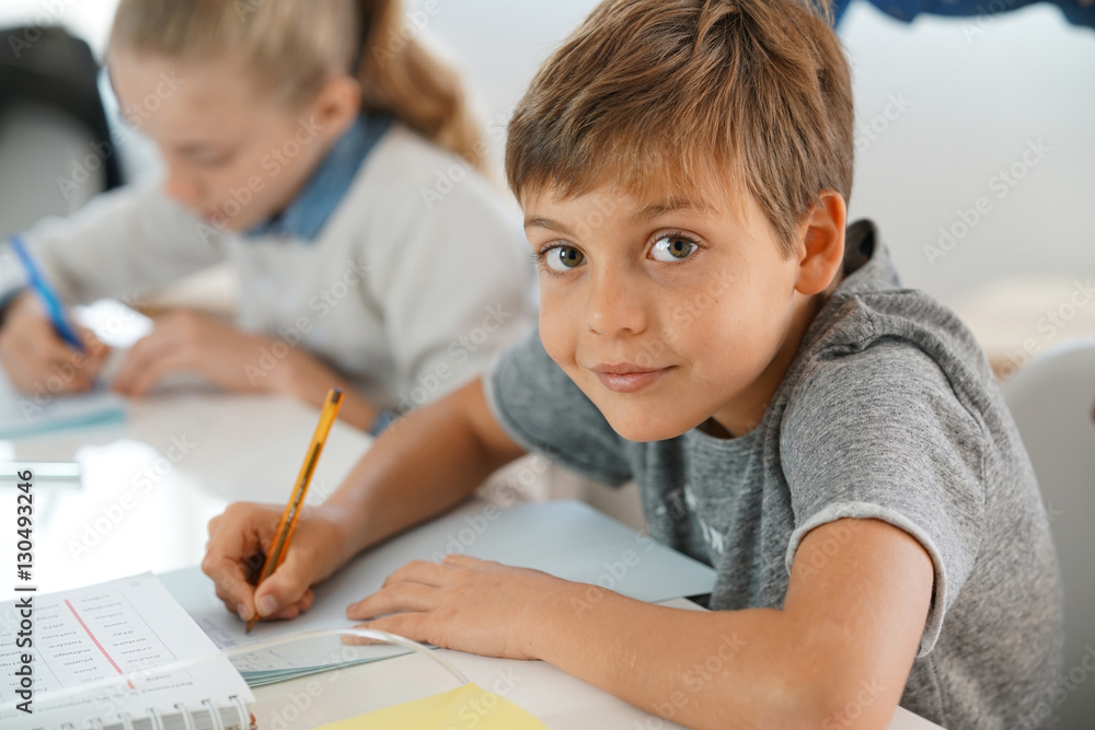 Portrait of pupil in school class taking notes during writing lesson ...