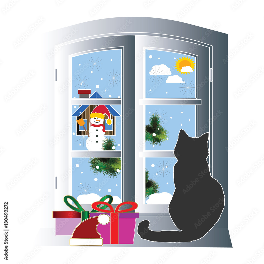 Winter christmas vector illustration. Black cat on the window sill ...