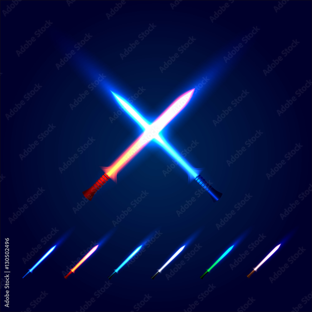 Isolated blue and red color cossed light swords logo. Futuristic movie ...