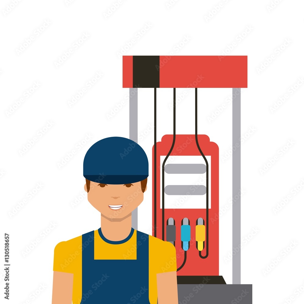 cartoon worker man and gas station pump icon over white background ...