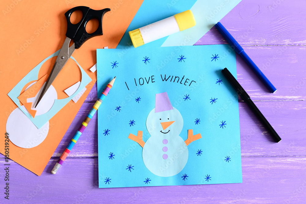 Making a children winter paper cards. Step. Paper card with snowman ...