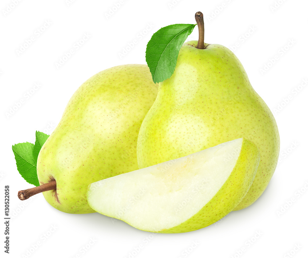 Two whole pear fruits with a cut isolated on white, clipping path Stock ...