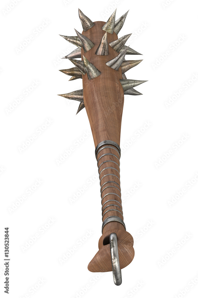 mace weapon of wood with metal spikes and wires on an isolated white ...