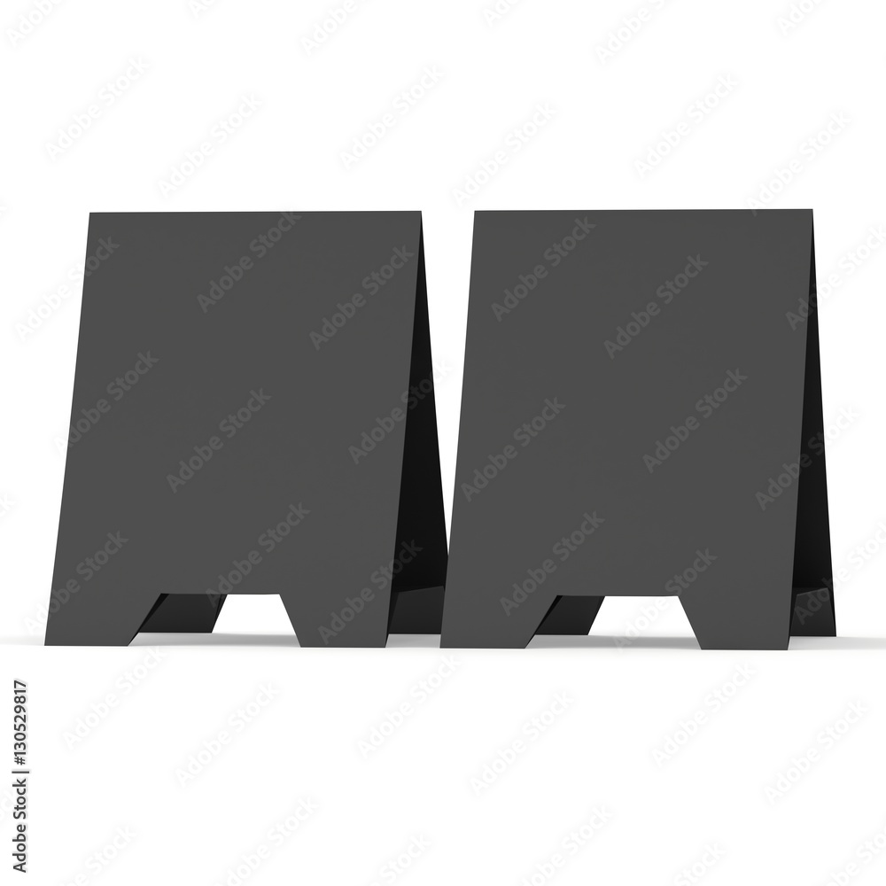 Two black paper tent cards. 3d render illustration isolated. Table ...