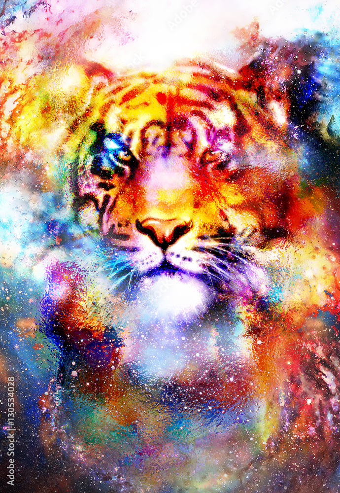 magical space tiger, multicolor computer graphic collage. Stock ...