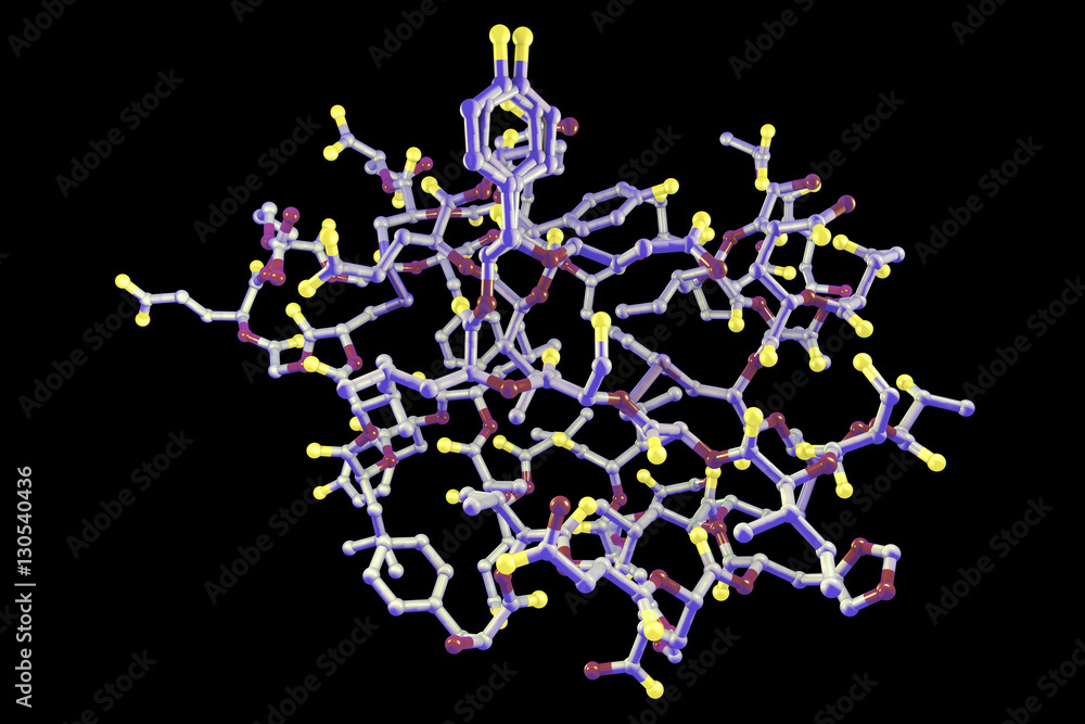 Molecular model of insulin molecule isolated on black background, 3D ...