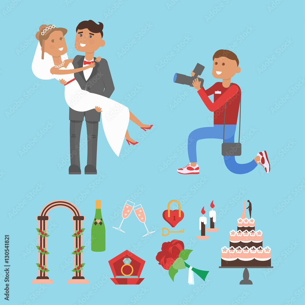 Set of wedding couple, photographer characters and icons for ...