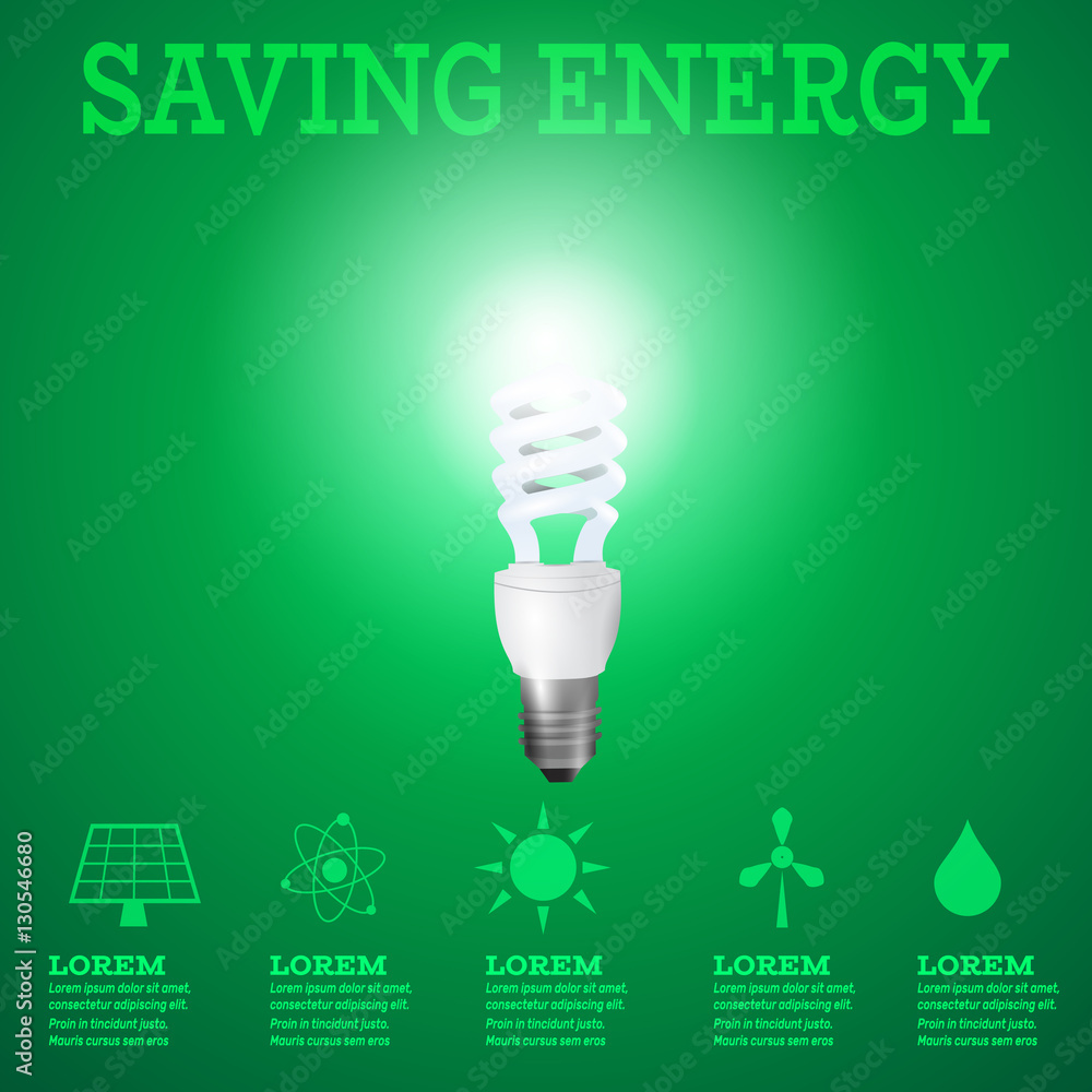 Renewable energy infographic.Luminous bulb on green Luminous background ...