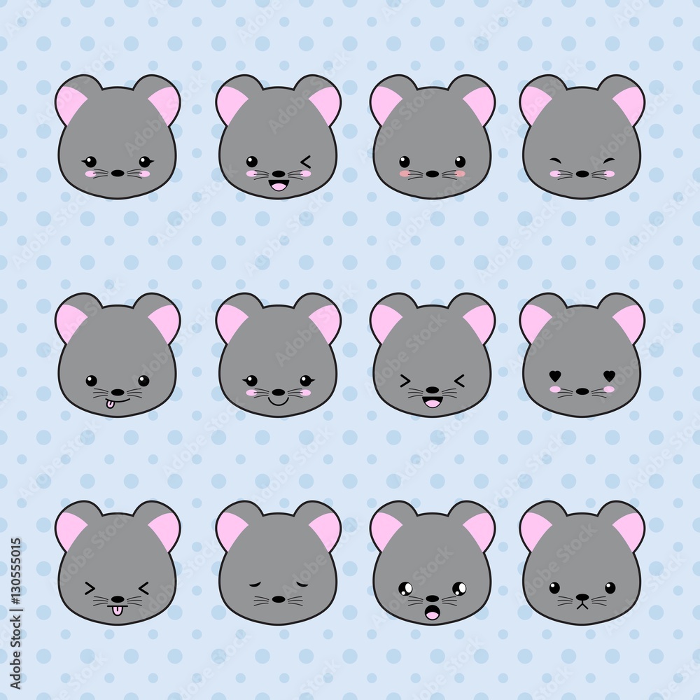 Set of Cartoon mouse stickers. Funny and kawaii smiles, emoji ...