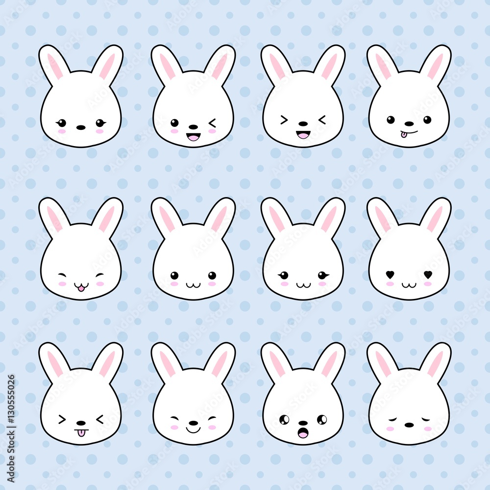 Set of Cartoon bunny stickers. Funny and kawaii smiles, emoji ...