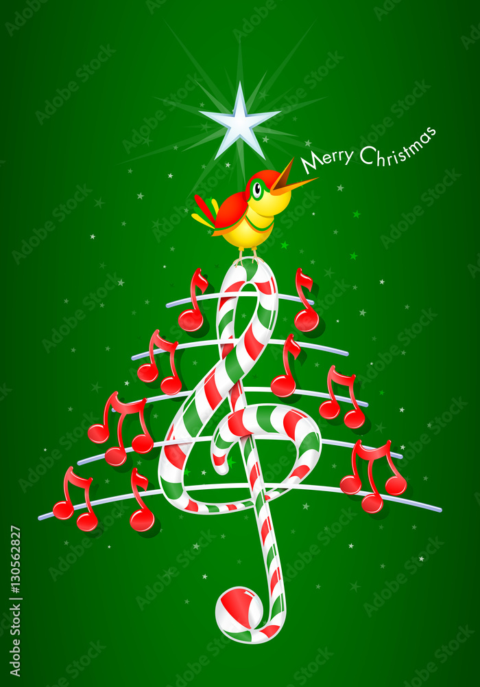 Christmas tree made of red musical notes, candy bar shaped treble clef ...
