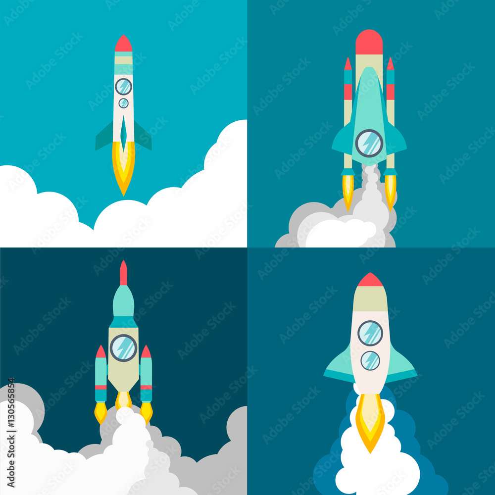 Four poster of rocket ship in a flat style. Space travel to the cosmos ...