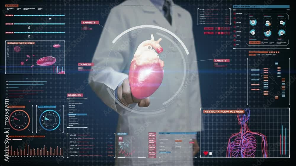 Doctor touching digital screen, scanning heart. Human cardiovascular ...