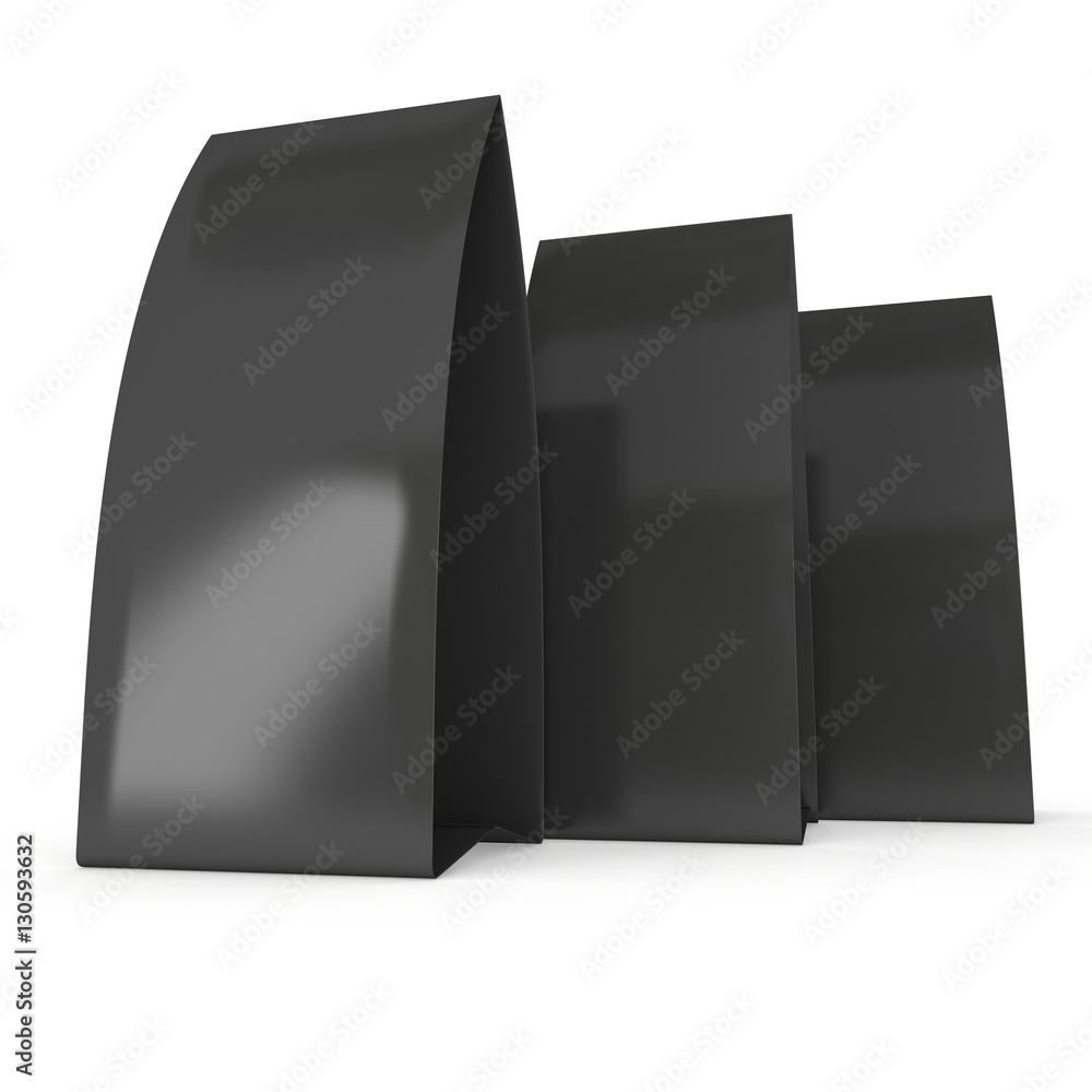 Three black paper tent cards. 3d render illustration isolated. Table ...