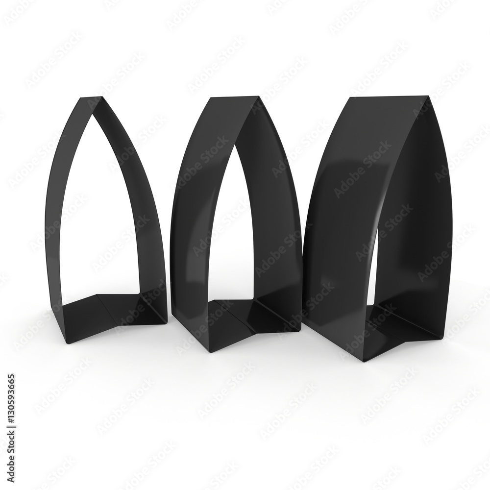 Three black paper tent cards. 3d render illustration isolated. Table ...