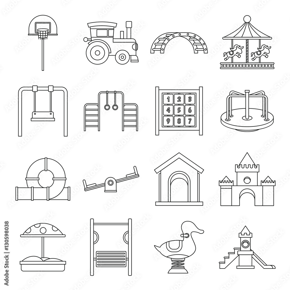 Playground icons set. Outline illustration of 16 playground vector ...
