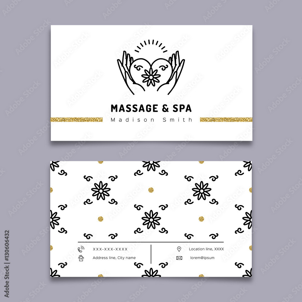 Vector massage and spa therapy business card template. Trendy linear ...